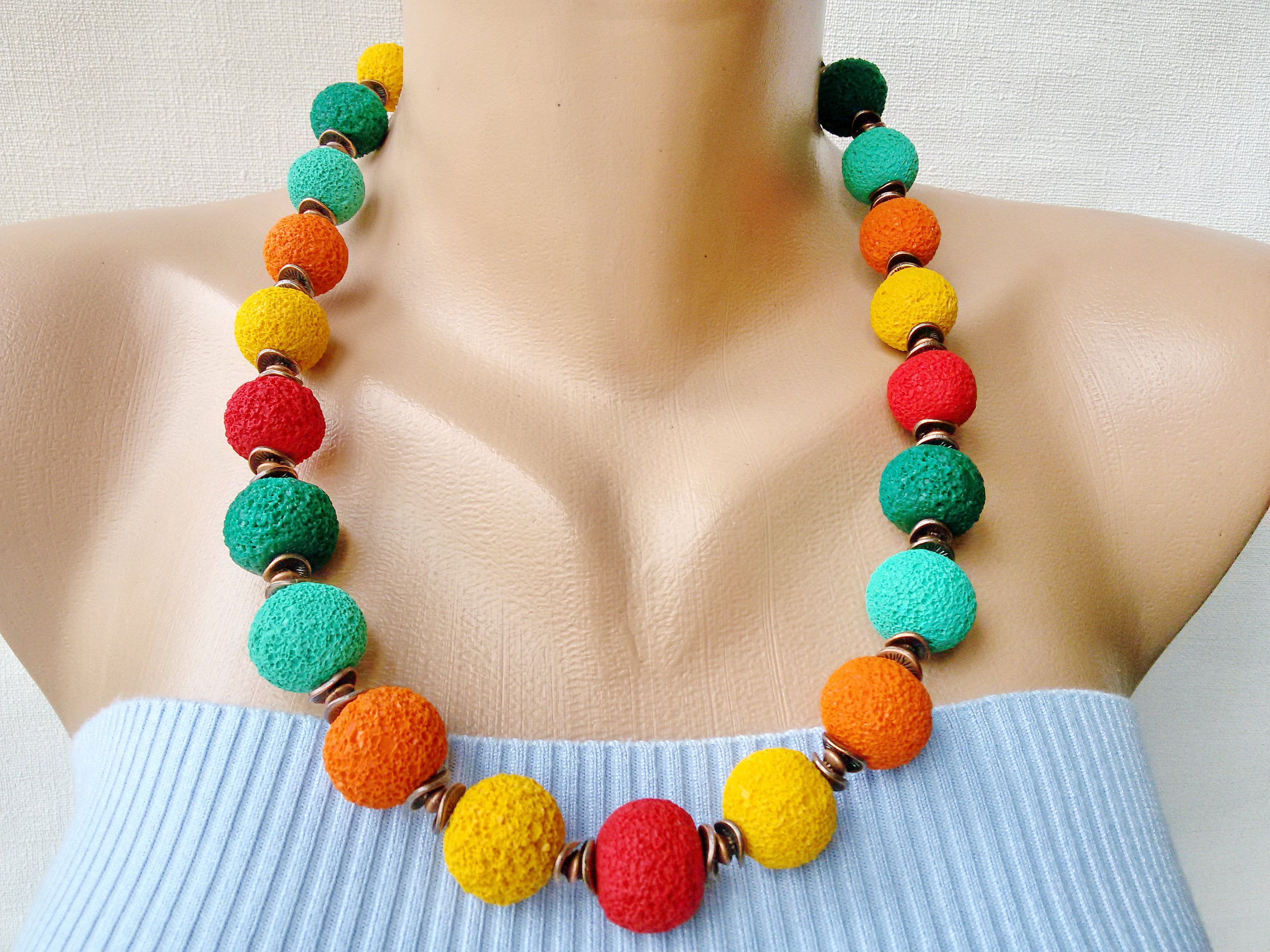 Colorful Jewelry Yellow Orange Beaded Necklace Red Green Women Gift Her ...
