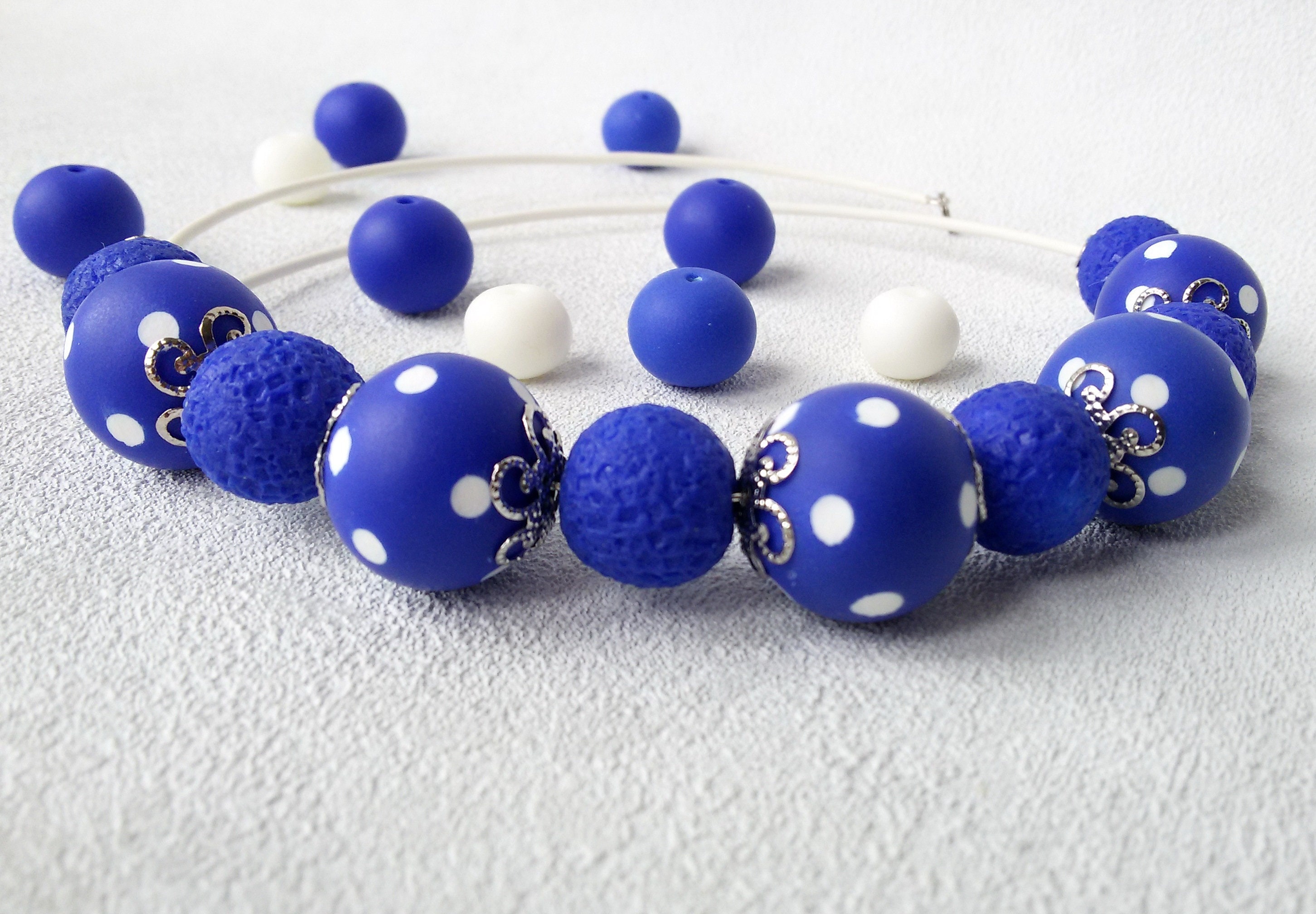 Beaded Necklace Blue and White Polka Dot Jewelry Elegant Women Polymer ...