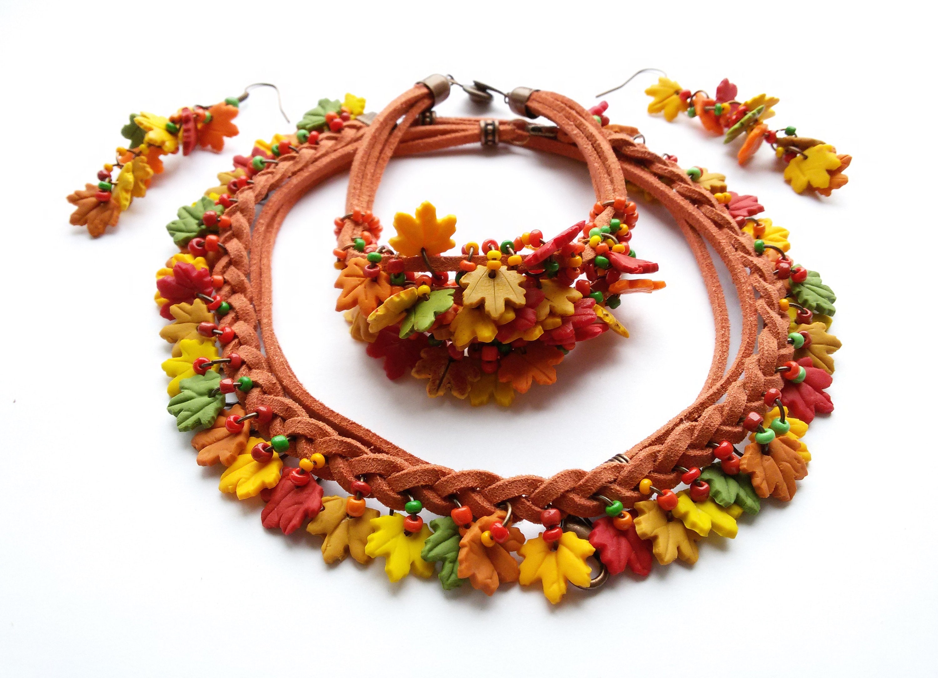 Fall Leaf Jewelry Charm Bracelet Dangle Earrings Bib Necklace Maple ...