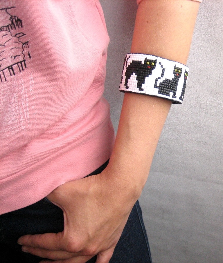 Black Cat Bracelet Jewelry Black White Pet Jewelry Halloween Bracelet ...