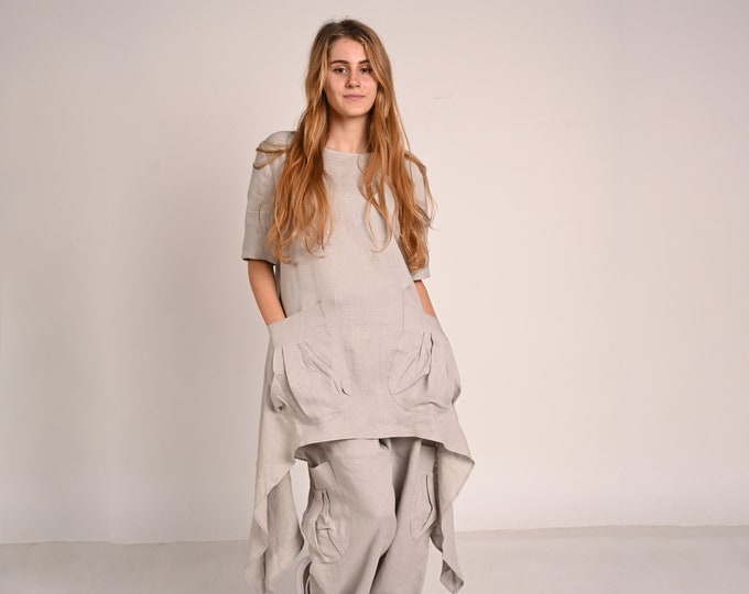 Big Check Linen and Rayon Tunic Smock Shirt, Patched and Embroidered ...