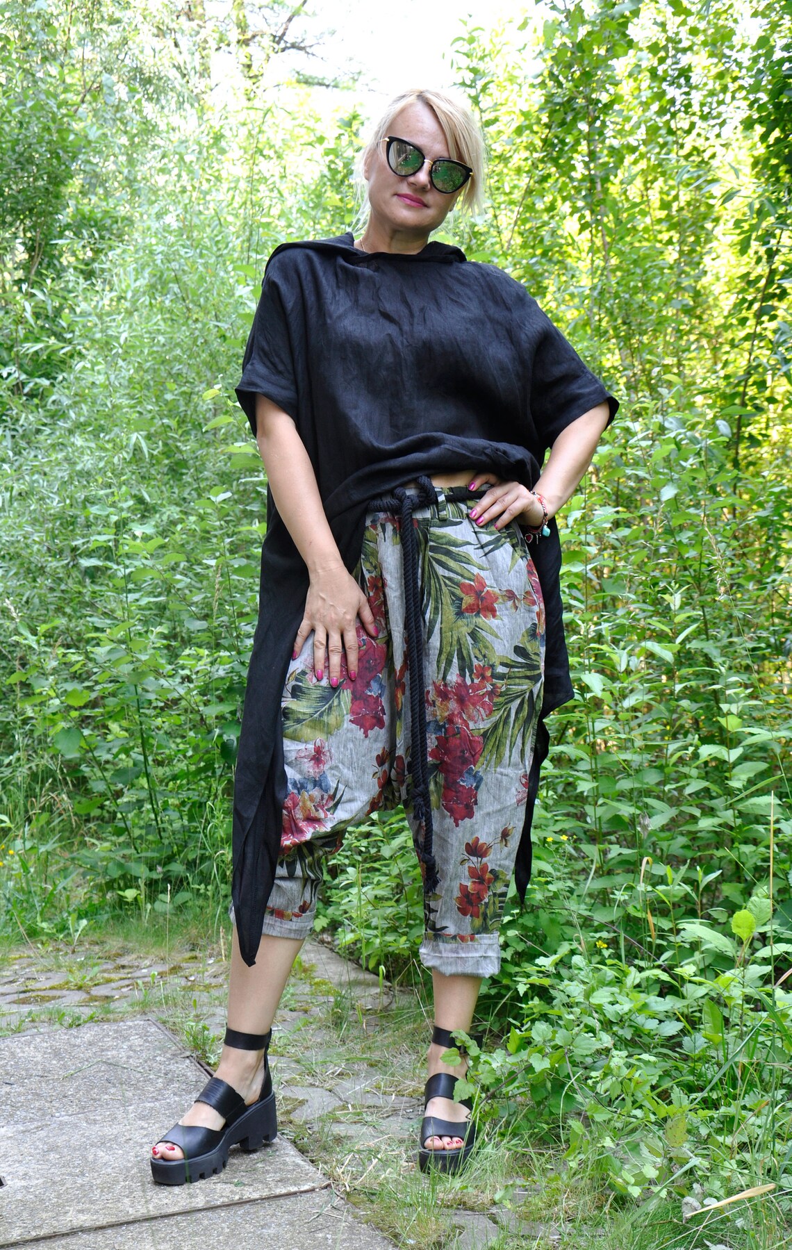 Linen Drop Crotch Flowers Pants Plus Size Summer Clothing - Etsy