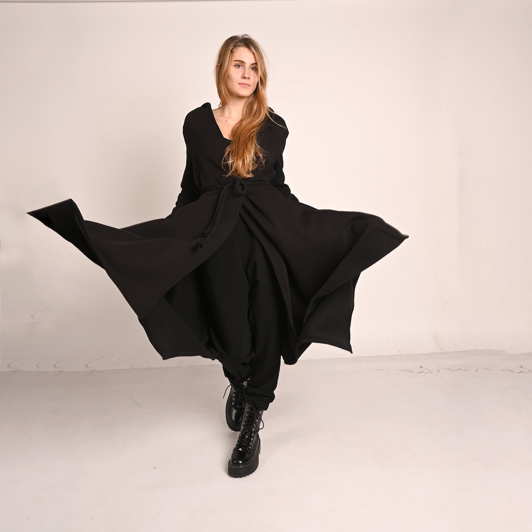 Black Fleece Cotton Coat, Long Designer Cloak With Belt, Handmade ...