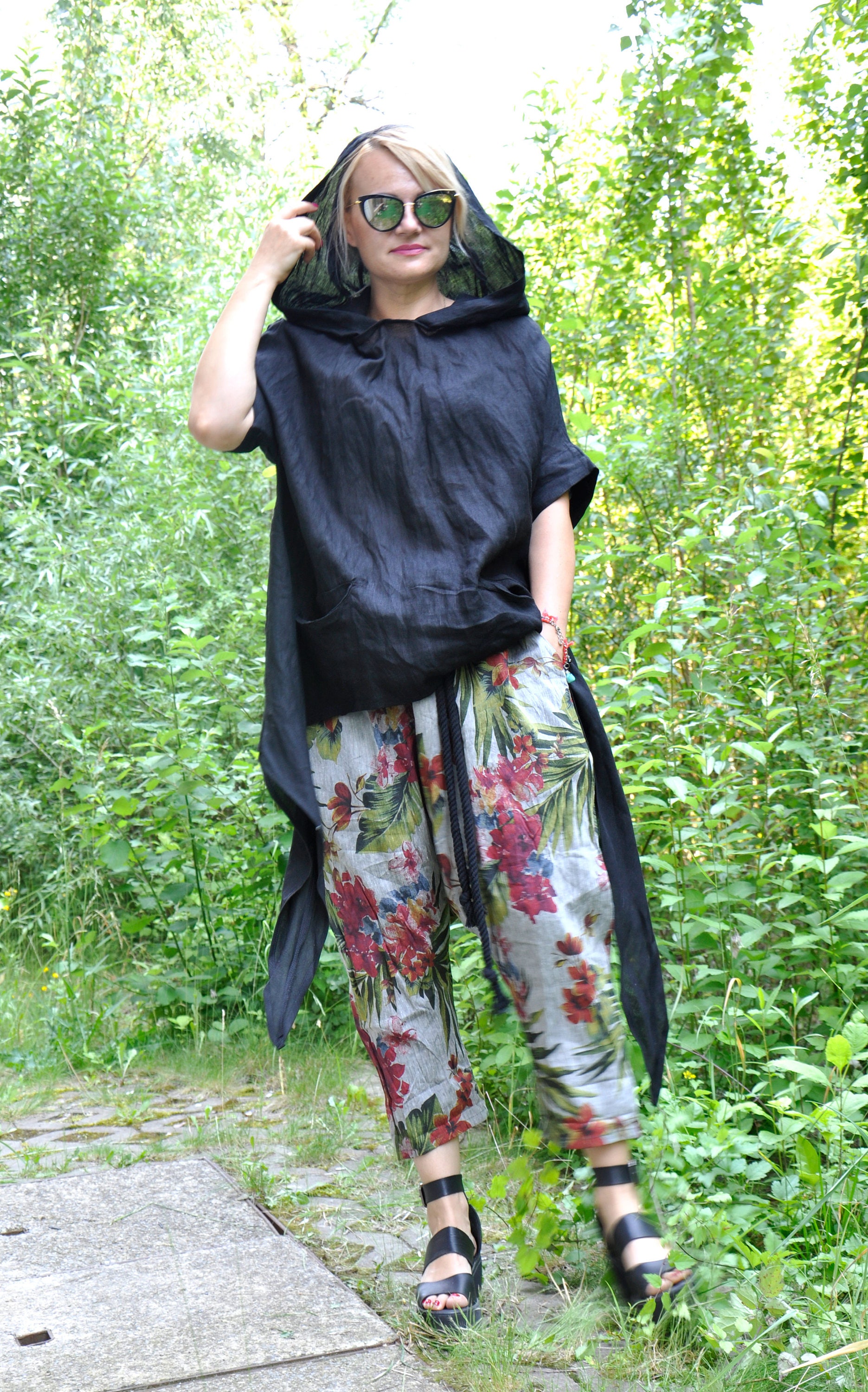 Linen Drop Crotch Flowers Pants Plus Size Summer Clothing - Etsy