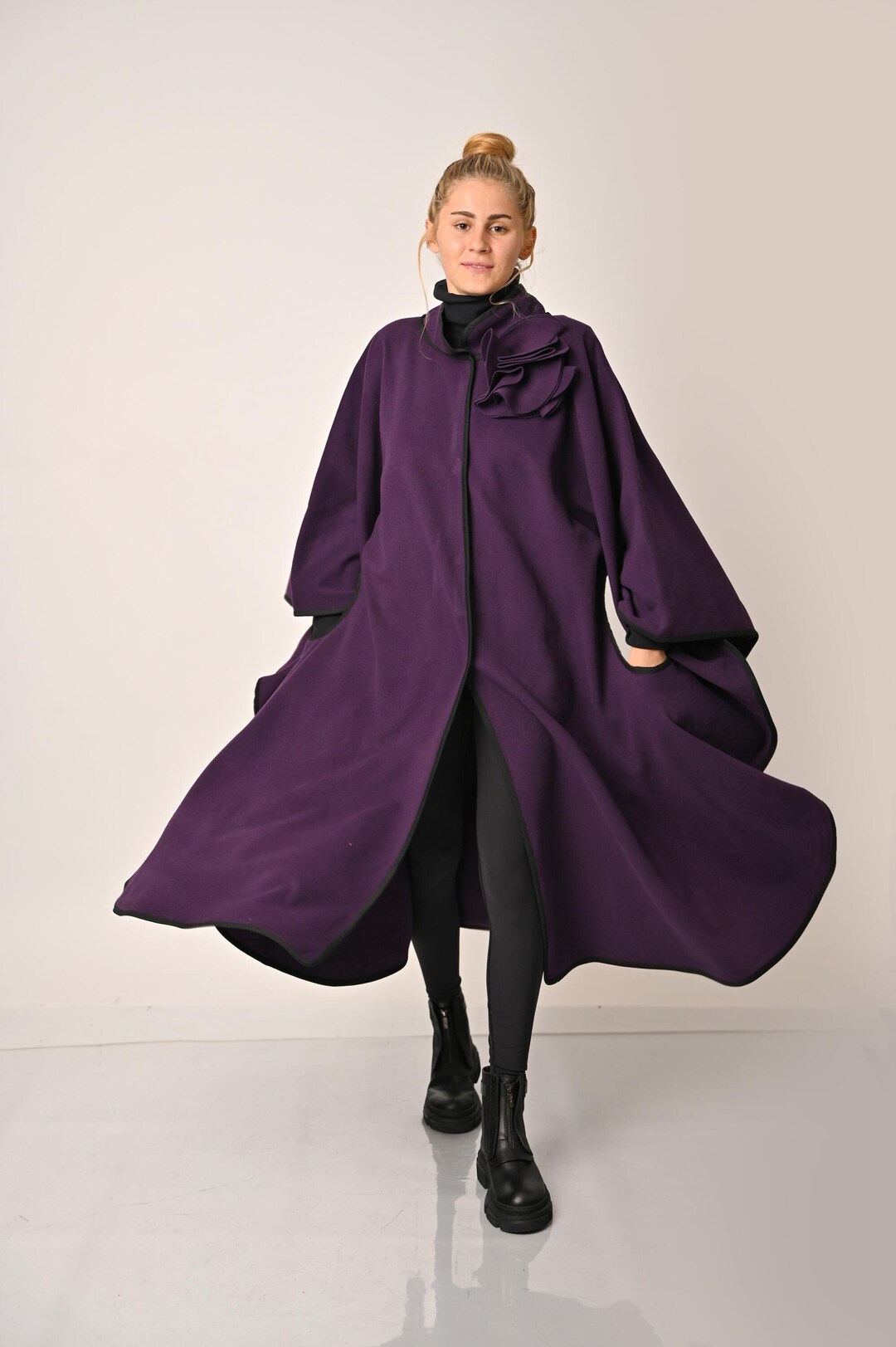 Purple Winter Cape Coat, Trench Coat, Women Outerwear, Long Cape Coat ...
