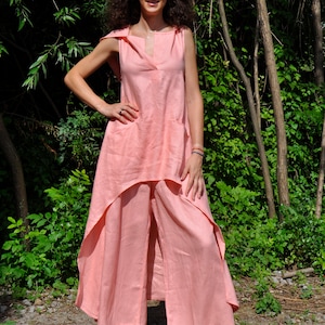 Handmade Blush Pink Linen Pant Set, Hooded Summer Two Piece Outfit ...