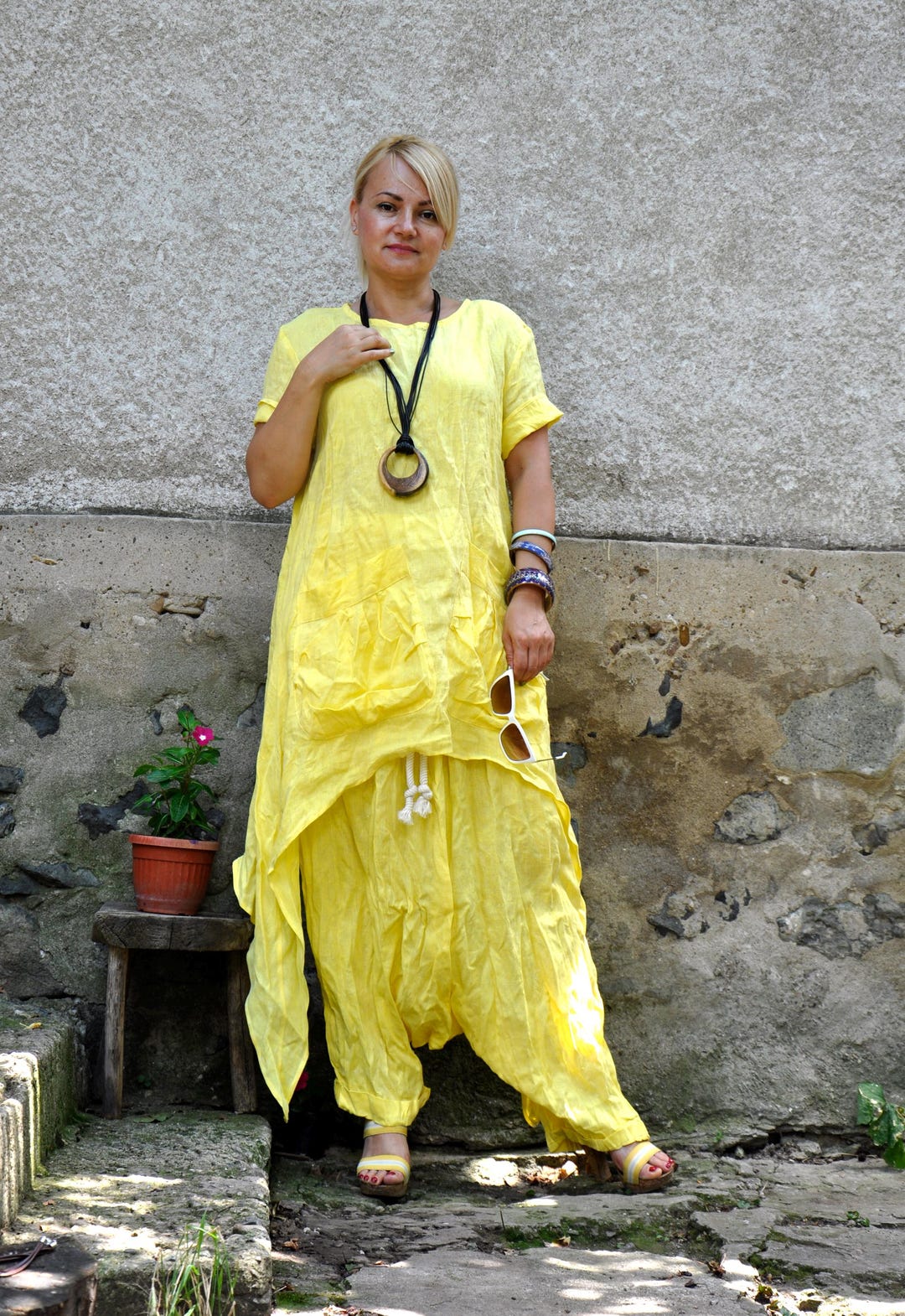 Yellow Linen Tunic, Yellow Linen Long Tunic, Linen Asymmetric Tunic ...