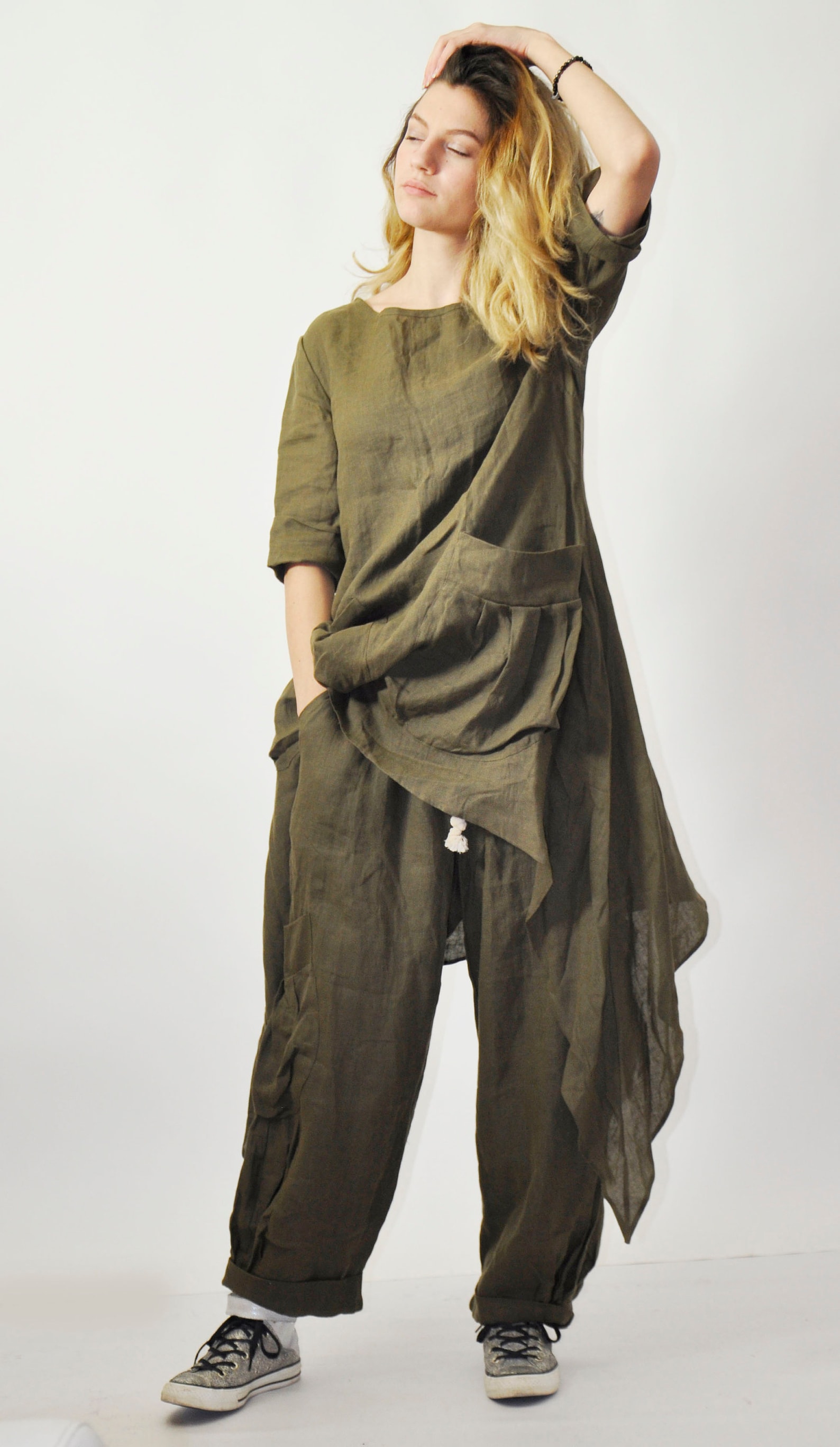 Military Green Tunic, Linen Tunic for Women, Army Green Tunic, Loose ...