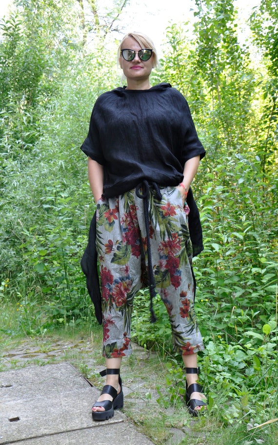 Linen Drop Crotch Flowers Pants Plus Size Summer Clothing - Etsy