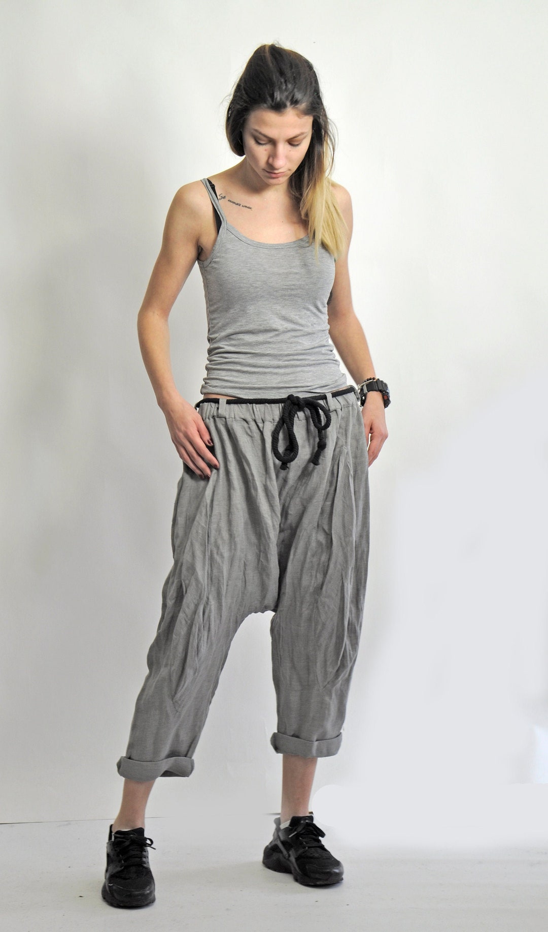 Gray Drop Crotch Pants, Linen Harem Pants, Plus Size Pants, Wide ...