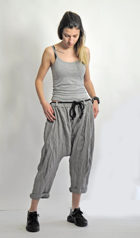 Gray Drop Crotch Pants Linen Harem Pants Plus Size Pants - Etsy