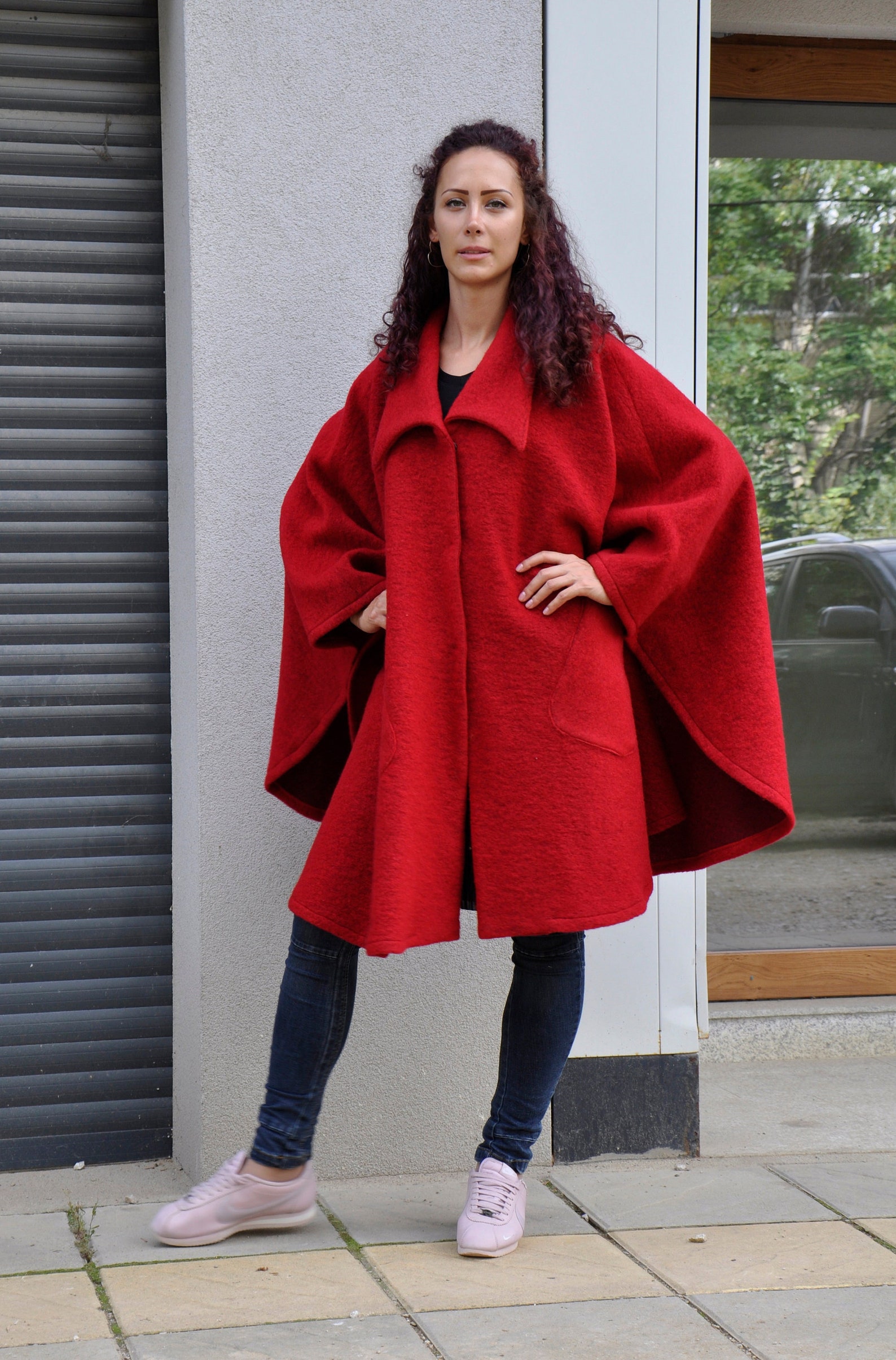 Womens Red Cape Coat, Winter Poncho, Cottage Core Coat, Swing Coat ...