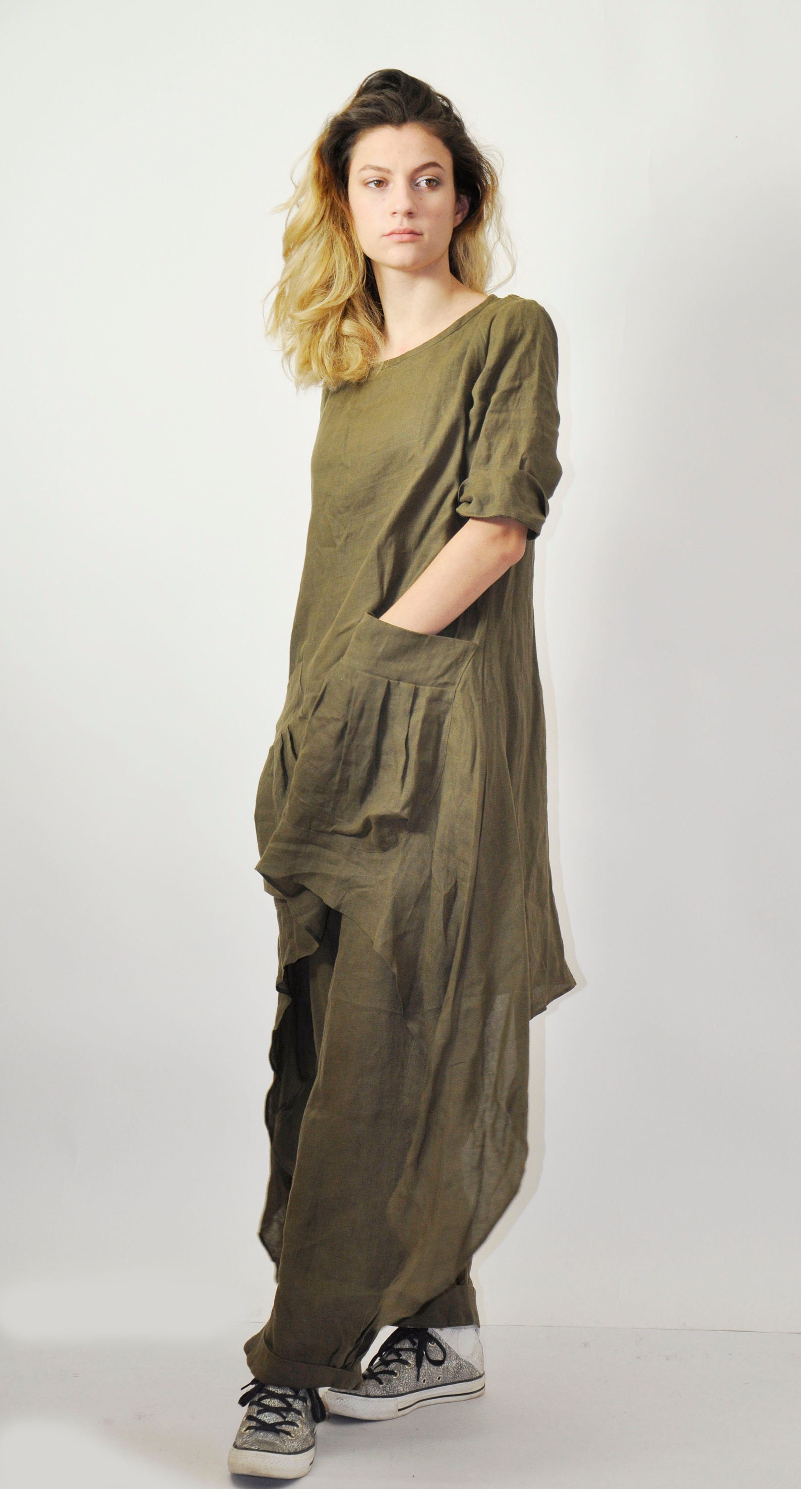 Military Green Tunic, Linen Tunic for Women, Army Green Tunic, Loose ...