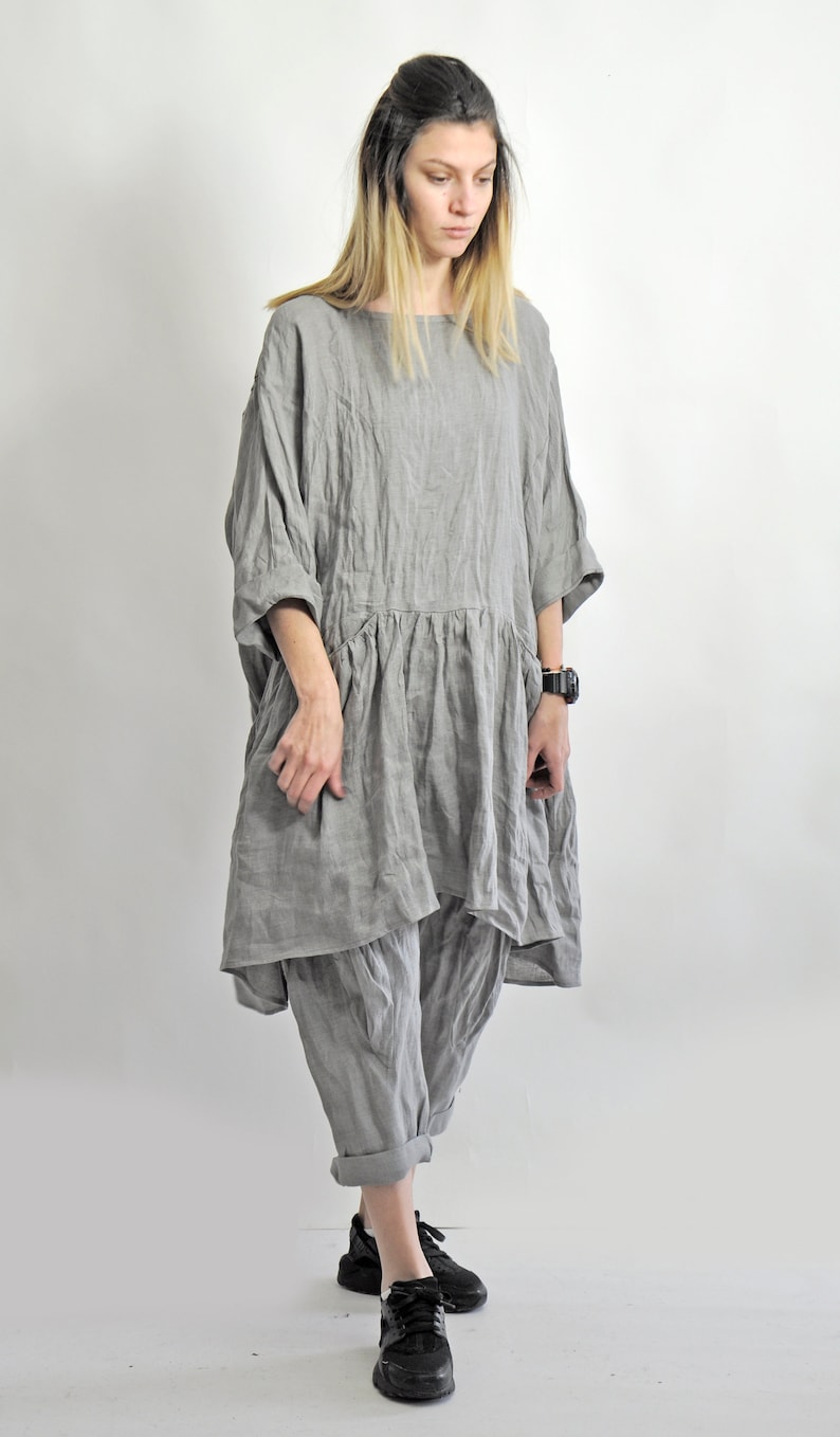Gray Flounce Tunic Dress, Cozy Linen Top, Asymmetric Tunic, Natural ...