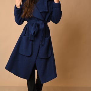 Navy Blue Wool Coat With Hood , 100% Wool Long Winter Overcoat, Warm ...