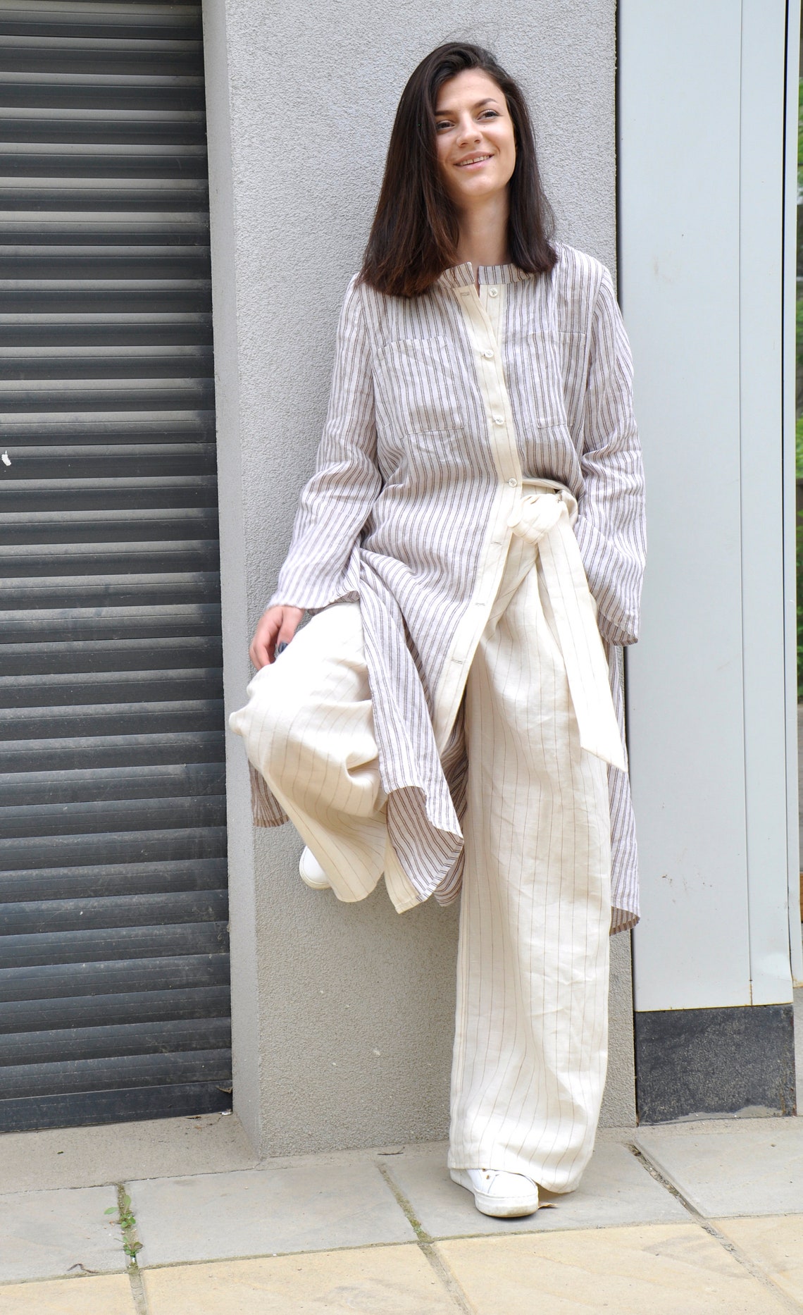 Leinen Matching Set, Hemd und Palazzo Hose Outfit, Loose Fit Zweiteiler ...