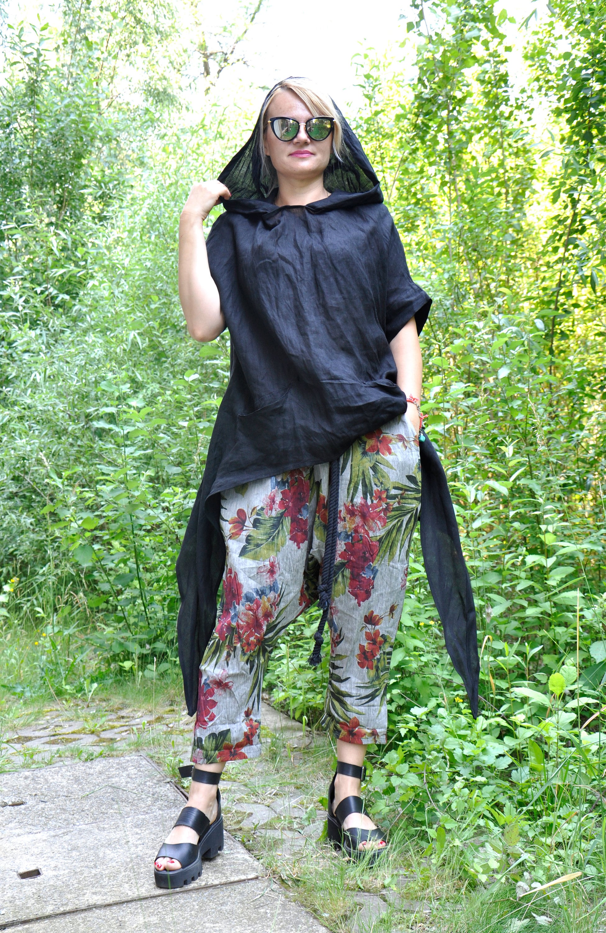 Linen Drop Crotch Flowers Pants Plus Size Summer Clothing - Etsy
