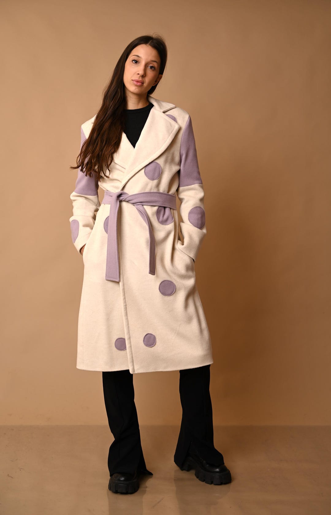 Milk White Wool Coat With Purple Accents, Fall Winter Women’s Wool Coat ...
