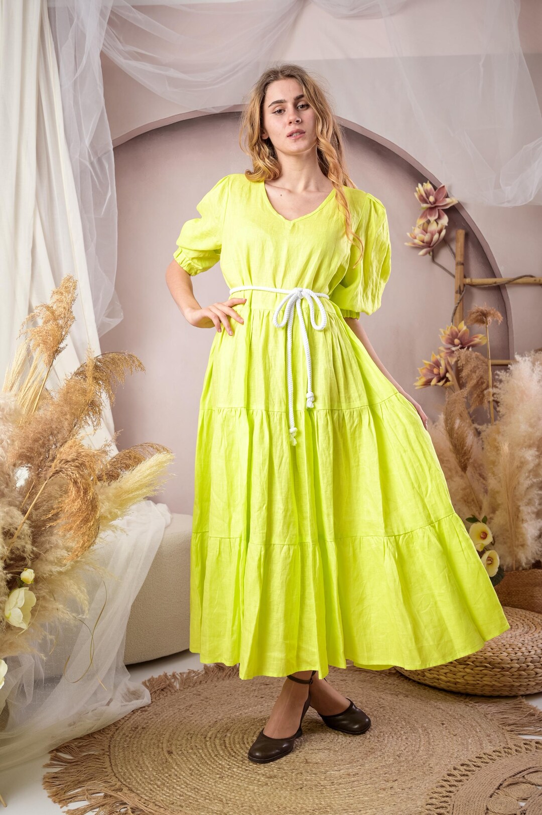 Chartreuse Linen Long Dress, Summer Plus Size Linen Dres, Bohemian ...