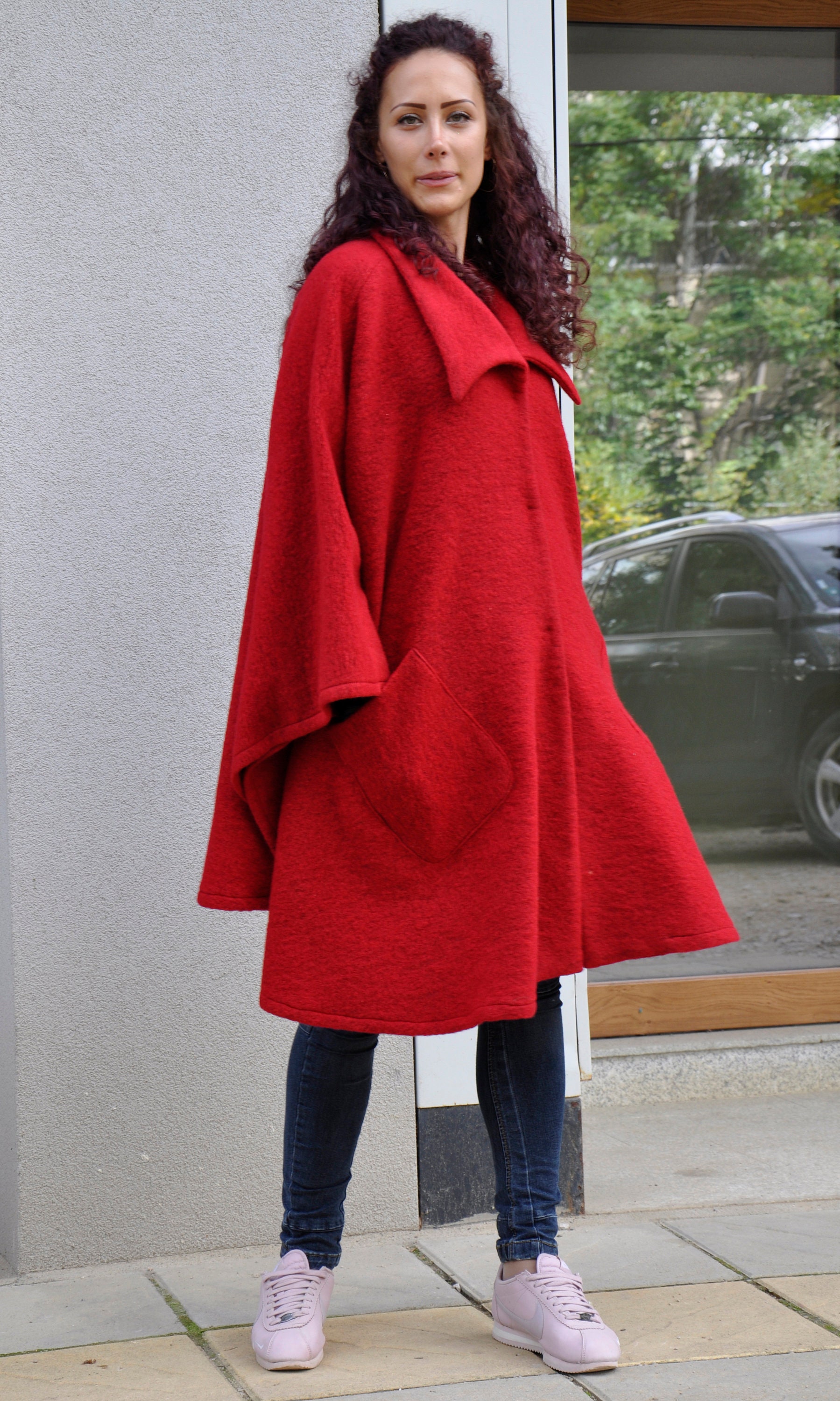 Womens Red Cape Coat, Winter Poncho, Cottage Core Coat, Swing Coat ...