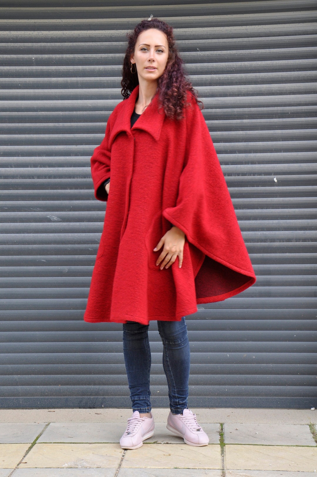 Womens Red Cape Coat, Winter Poncho, Cottage Core Coat, Swing Coat ...