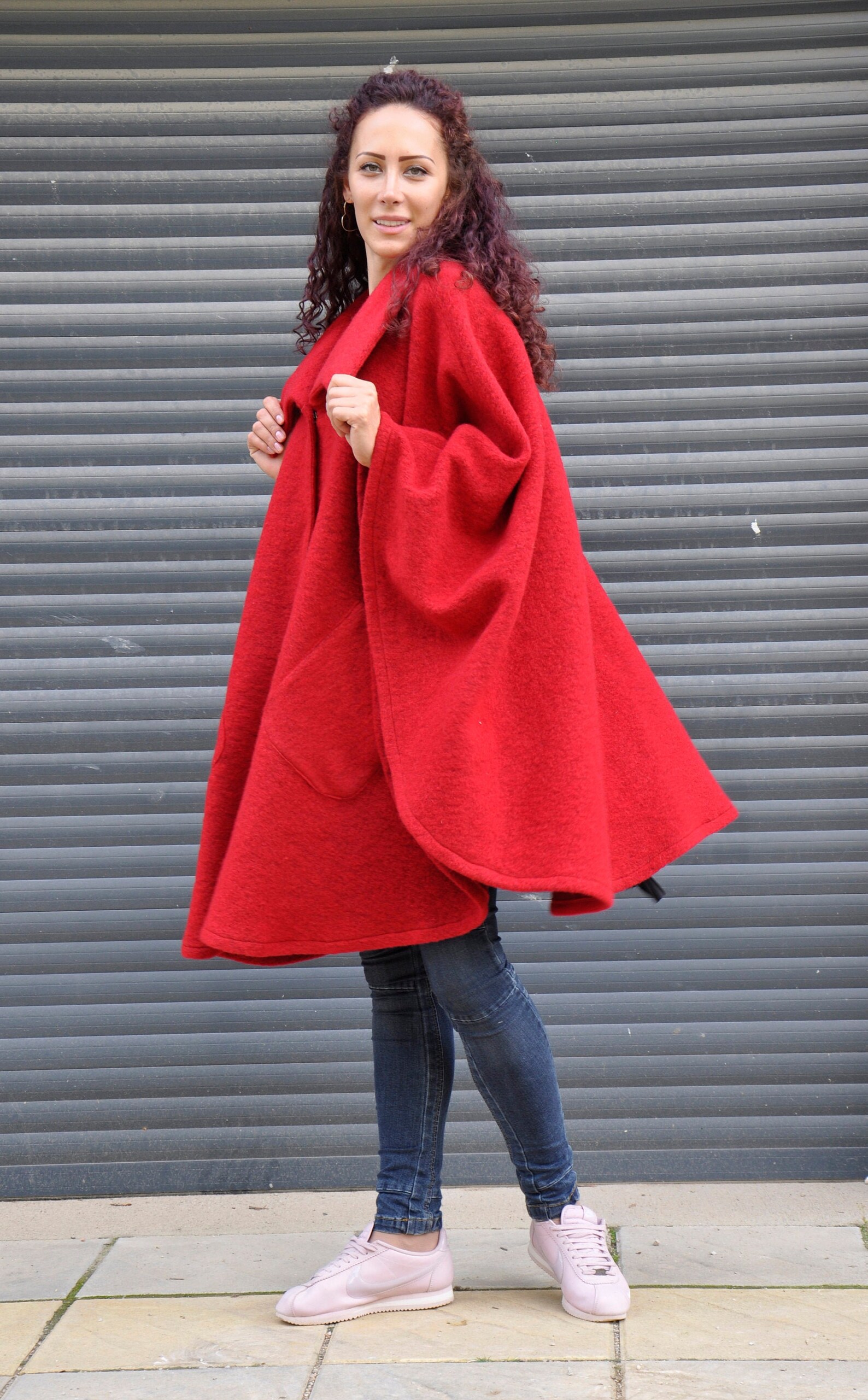 Womens Red Cape Coat, Winter Poncho, Cottage Core Coat, Swing Coat ...