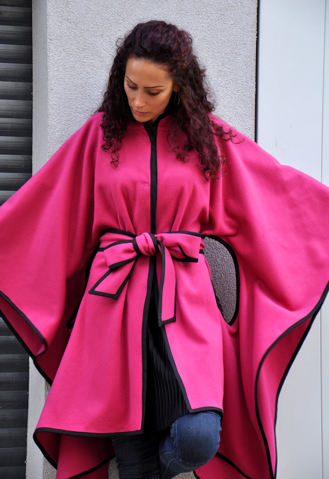 Handmade Pink Cloak, Pink Wool Coat, Pink Cape Coat, Japanese Aesthetic ...