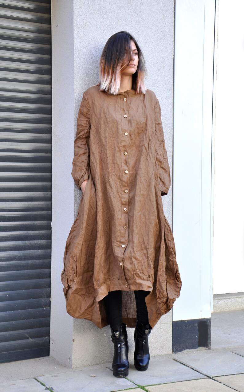 Brown Coffee Linen Dress Button Down Shirt Dress Linen - Etsy