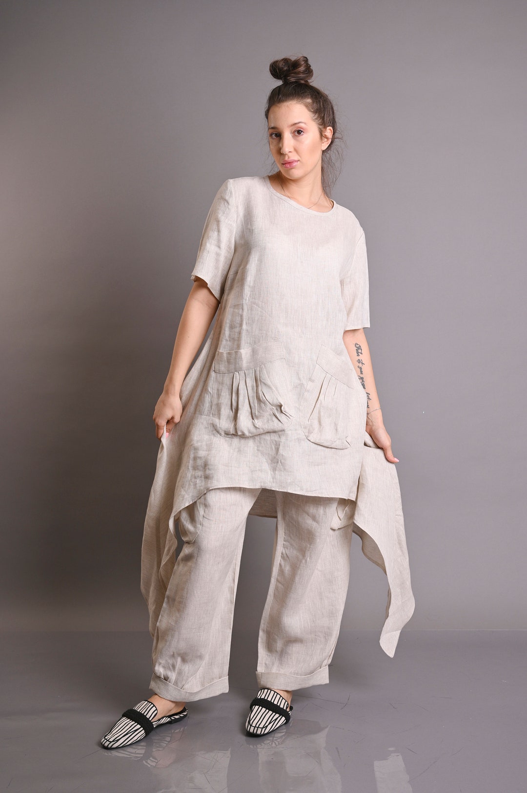 Linen Tunic and Pants Set, Summer Linen Outfit for Women, Bohemian ...