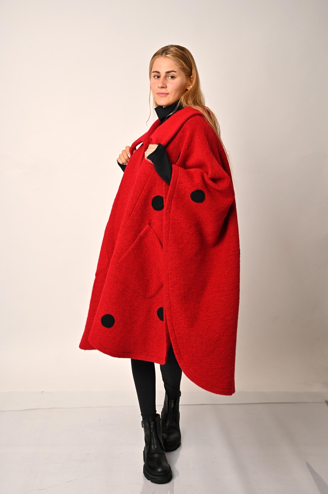 Handmade Red Wool Cape , Black Dot Pattern, Designer French Inspired ...