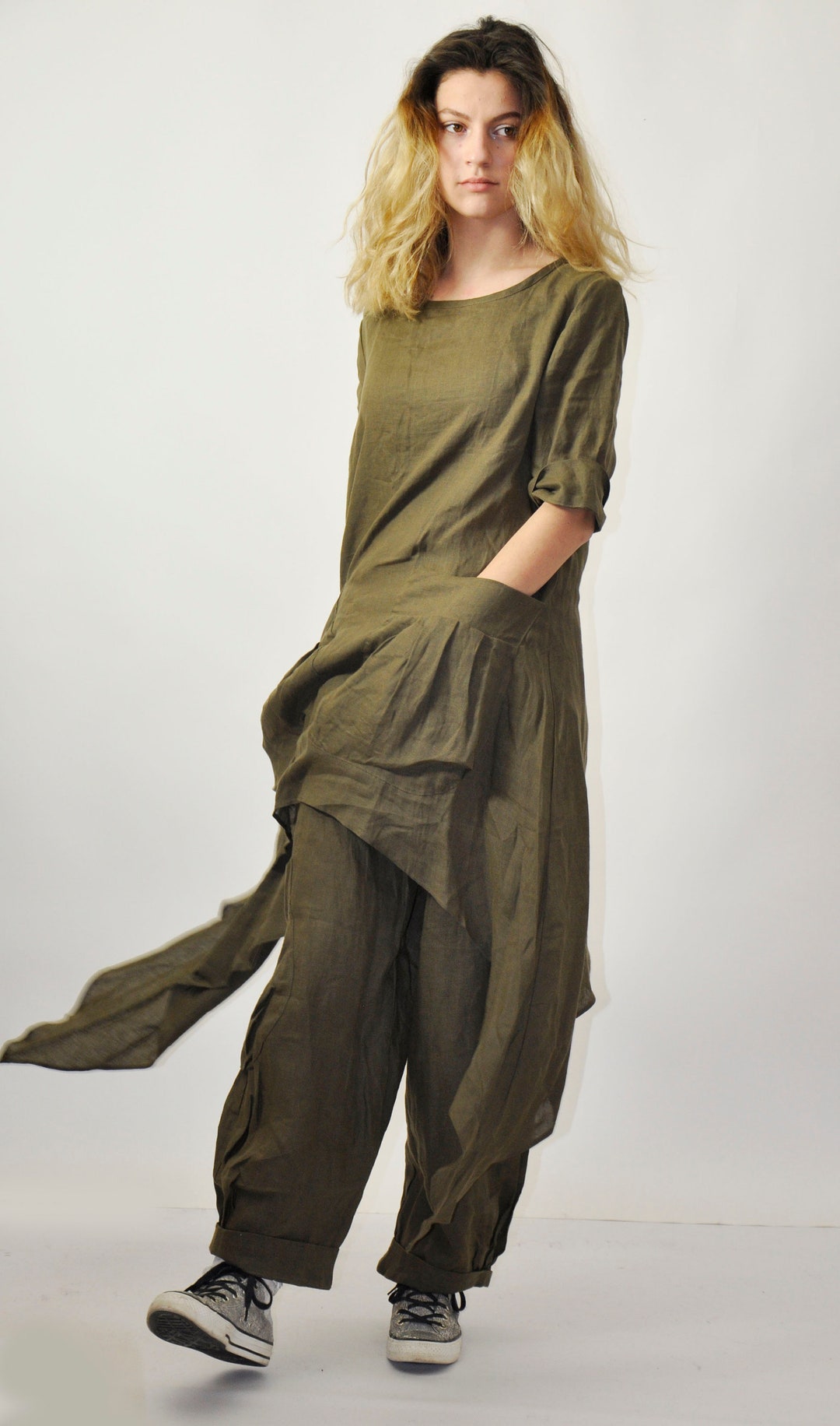 Linen Clothing Outfit, Linen Tunic Top & Loose Comfy Pants, Women ...