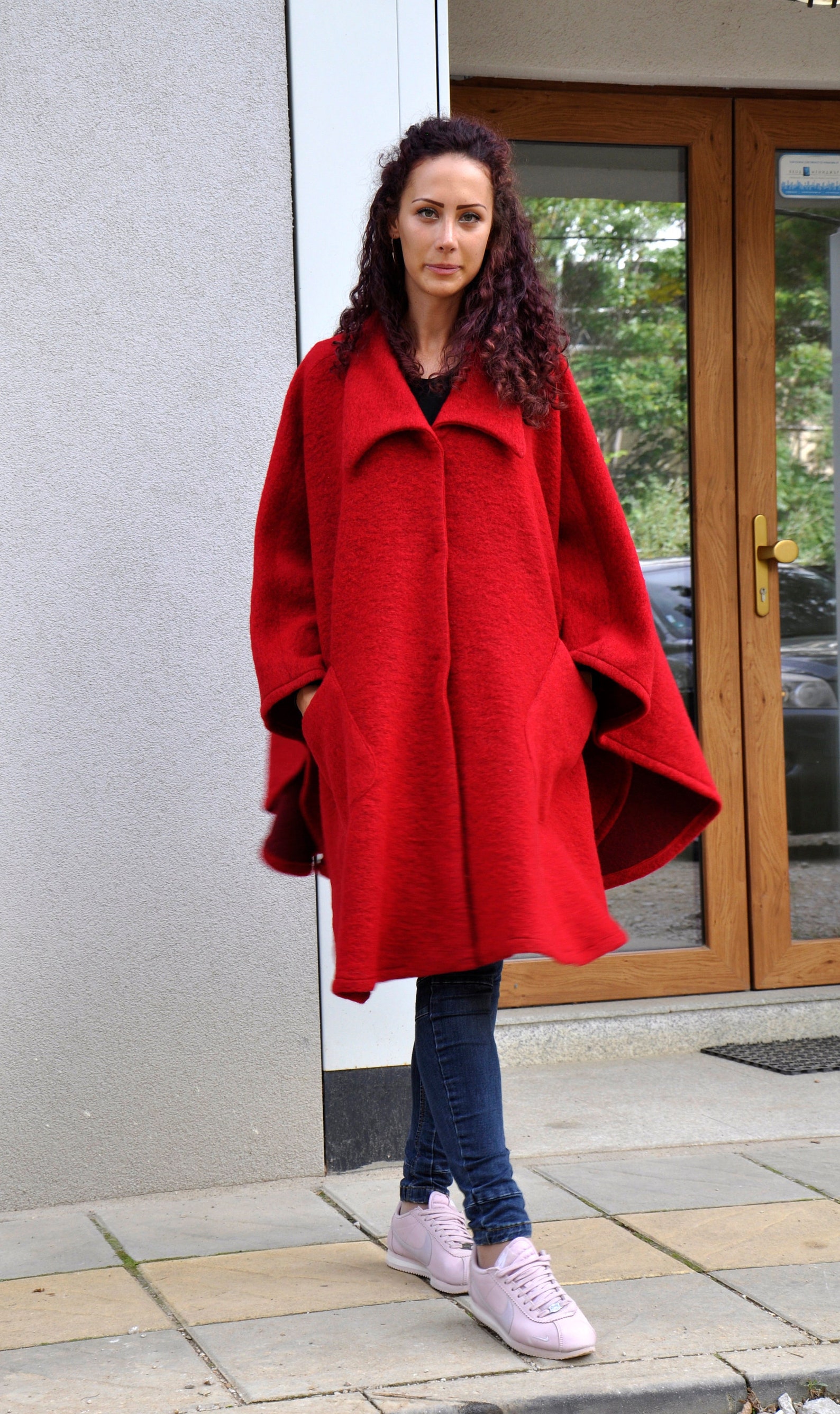 Womens Red Cape Coat, Winter Poncho, Cottage Core Coat, Swing Coat ...