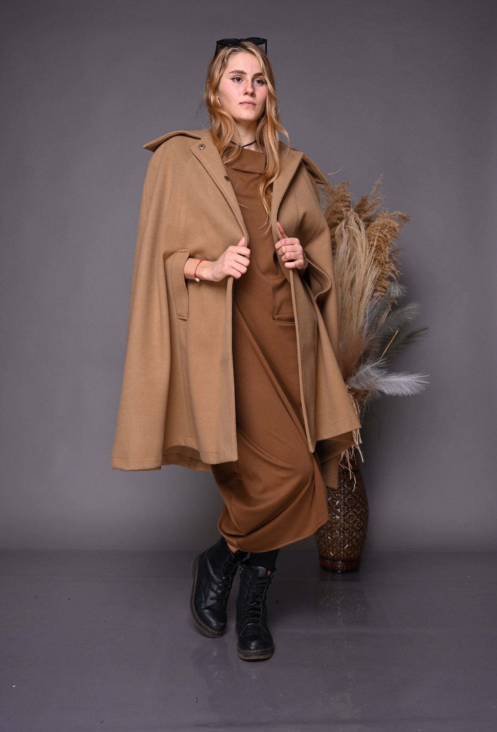 Beige Cape Poncho for Women, Winter Cape Coat, Plus Size Clothing, Maxi ...