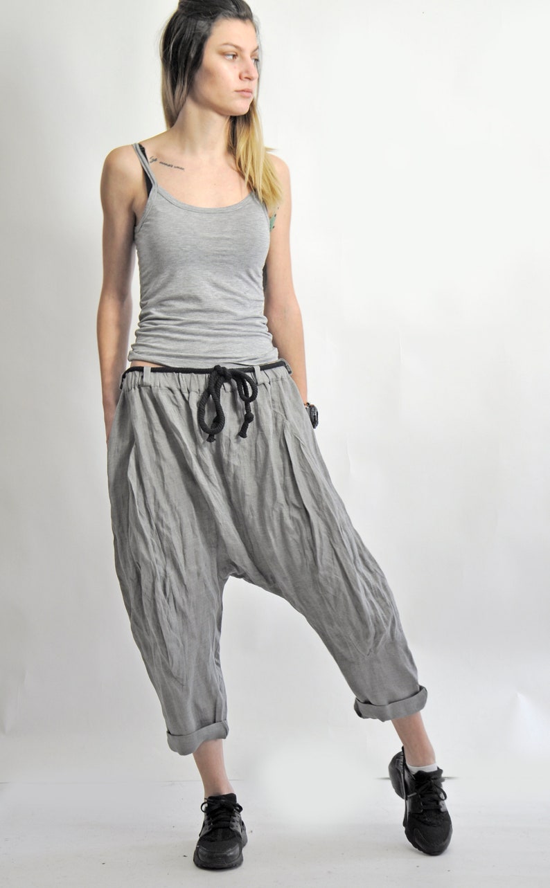 Gray Drop Crotch Pants Linen Harem Pants Plus Size Pants - Etsy