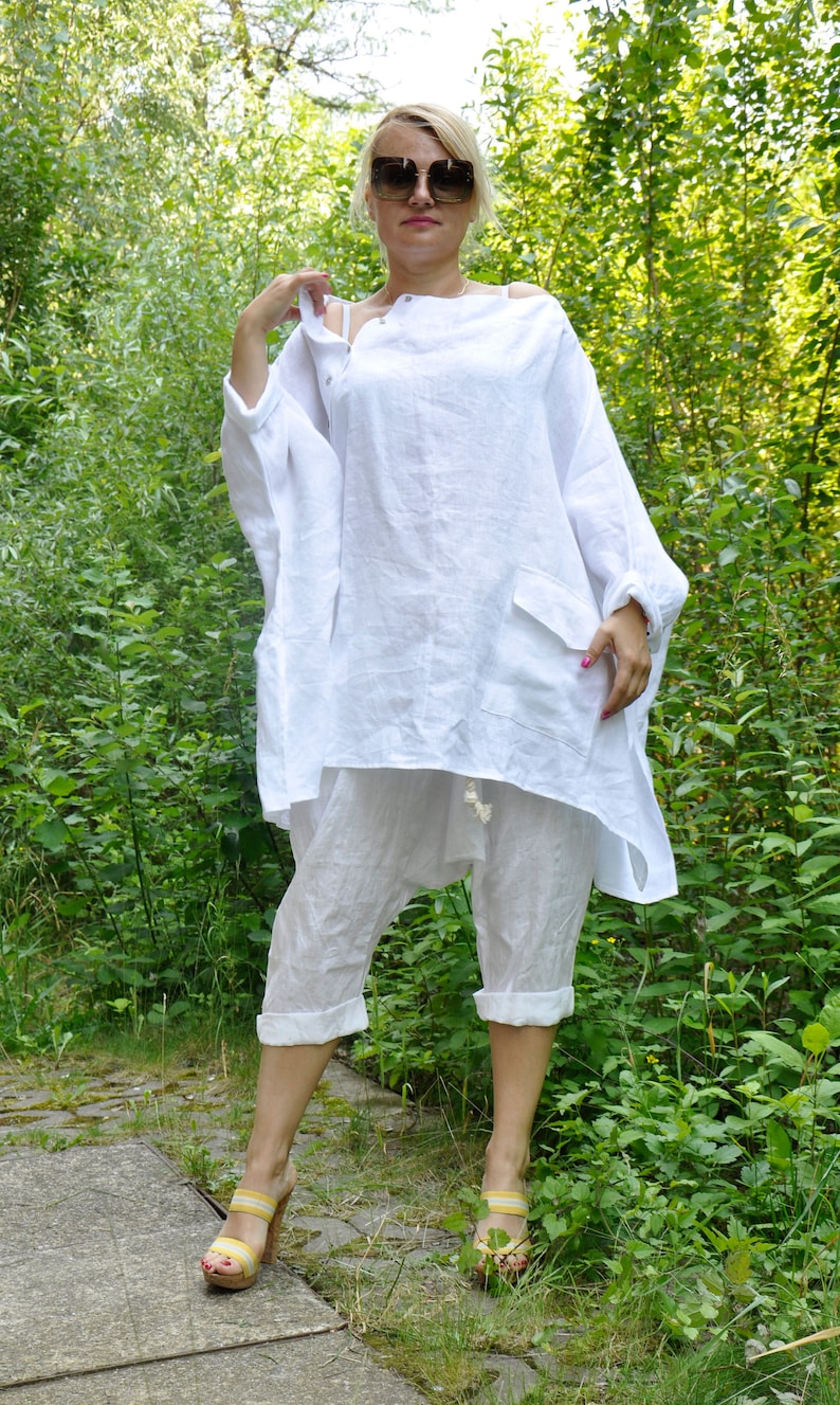Linen Bell Shirt Set White Linen Tunic Set Linen Clothing - Etsy
