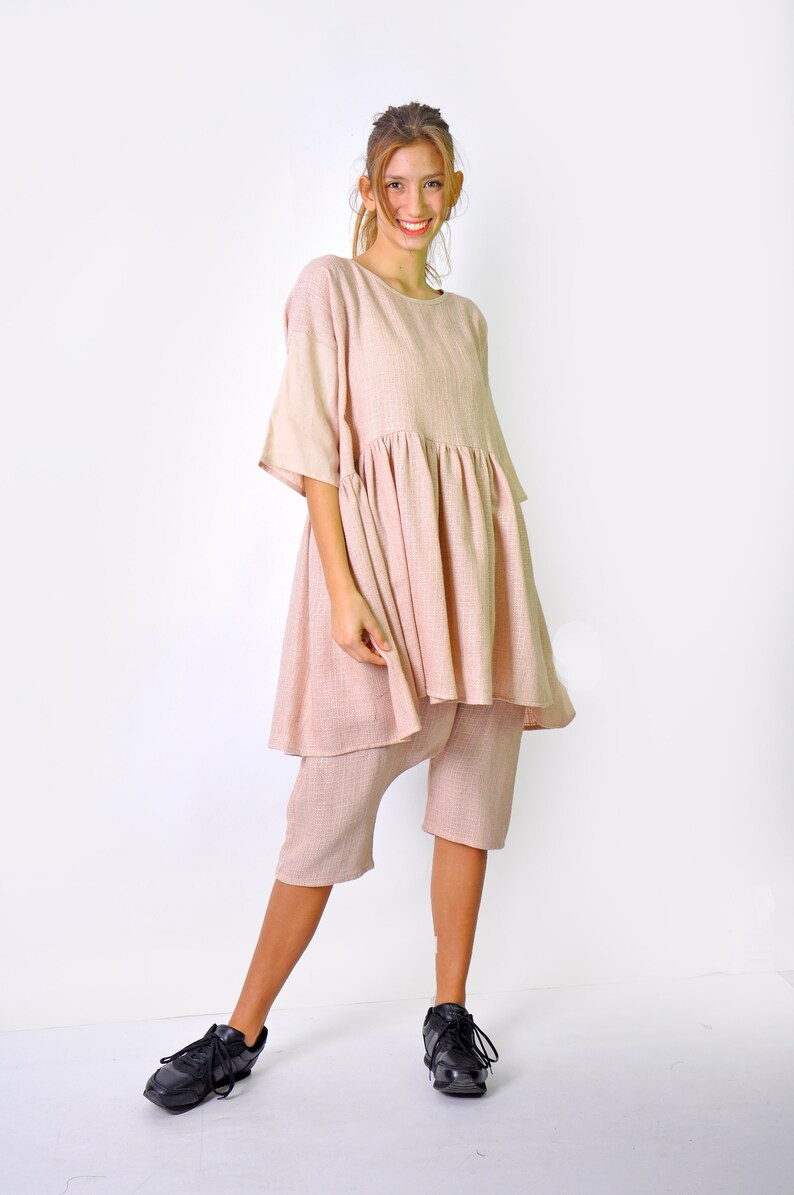 Pink Rose Linen Tunic Top - Flare Linen Dress - Circle Tunic With 3/4 ...