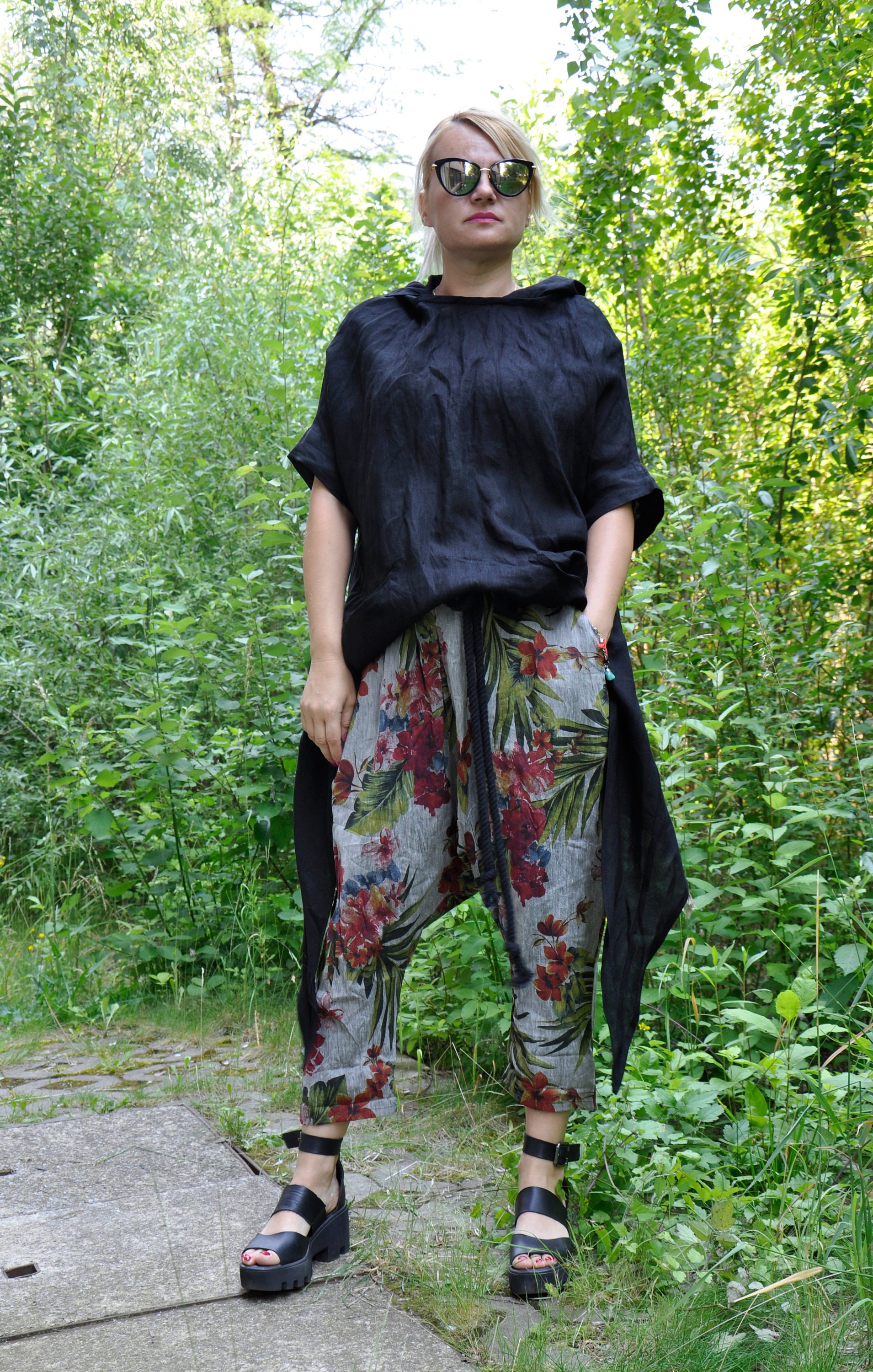Linen Drop Crotch Flowers Pants Plus Size Summer Clothing - Etsy