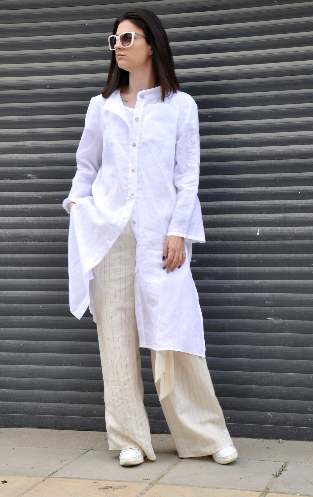 White Linen Tunic Top, Long Button Down Shirt, Linen Clothing, White ...