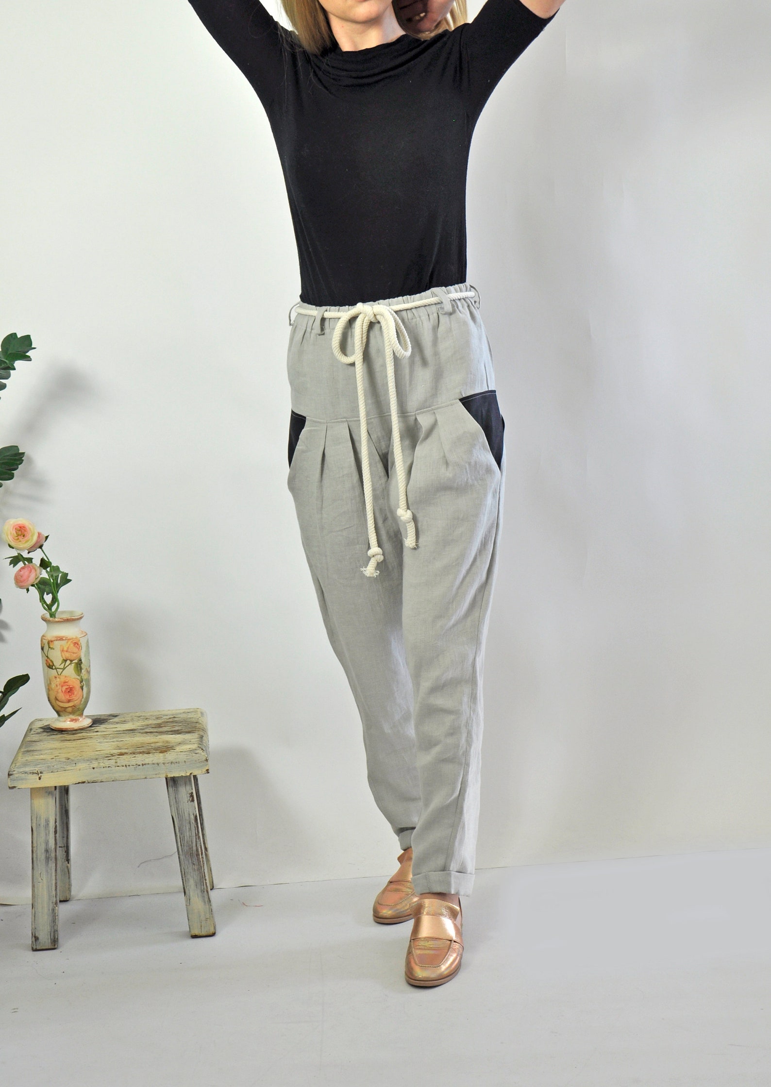 Light Grey Linen Harem Pants, Relaxed Fit With Front Side Pockets, Boho ...