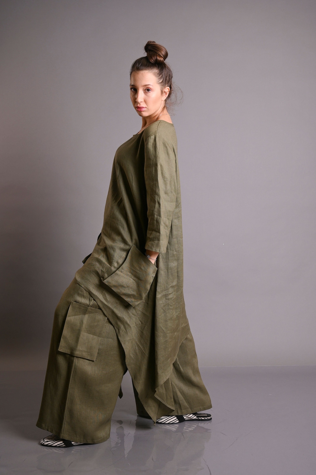 Military Green Linen Set, 2 Piece Linen Outfit, Linen Tunic and Wide ...