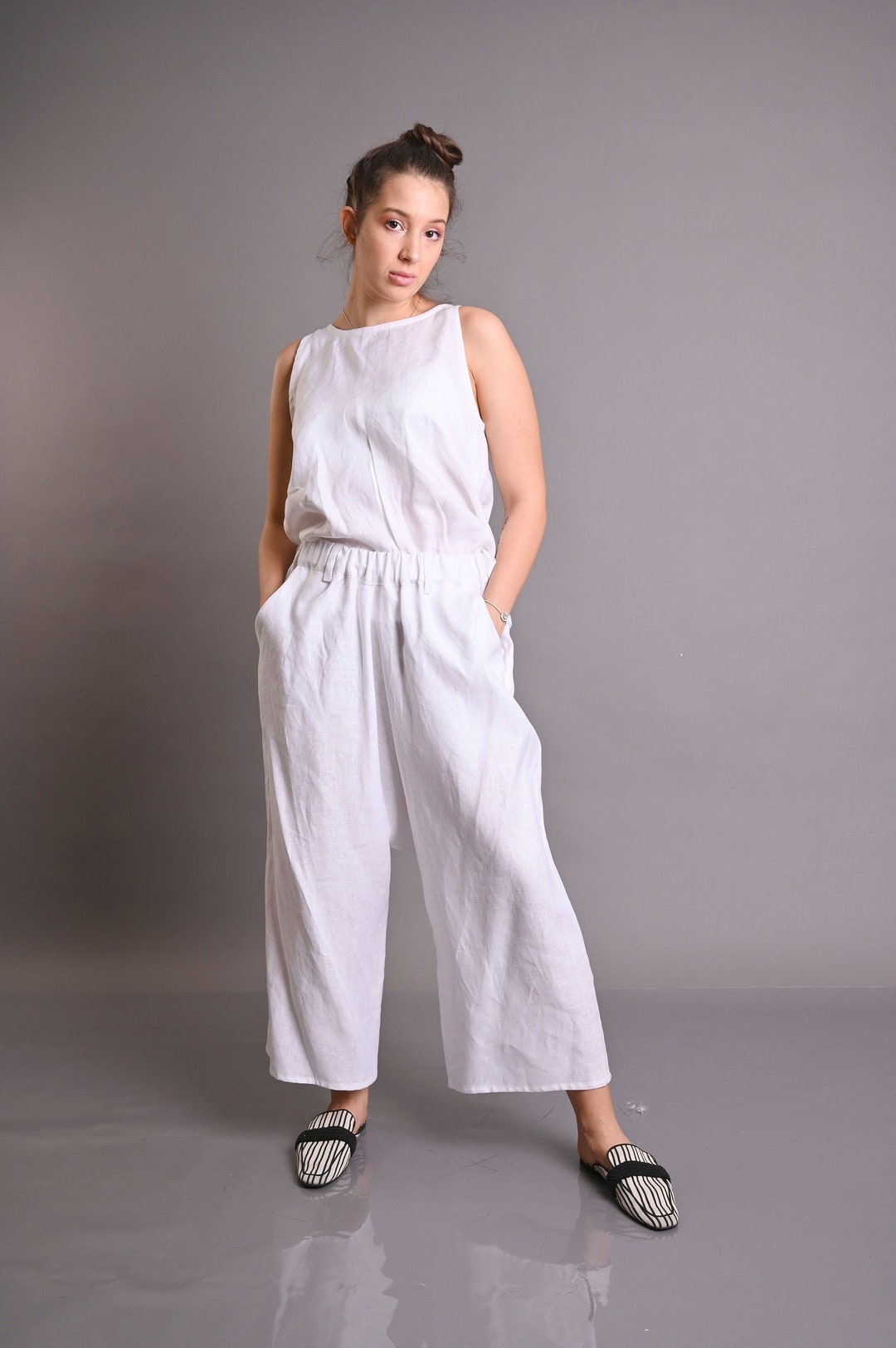 White Linen Outfit, White Linen Set, Wide Leg Pants Set, Linen Clothing ...