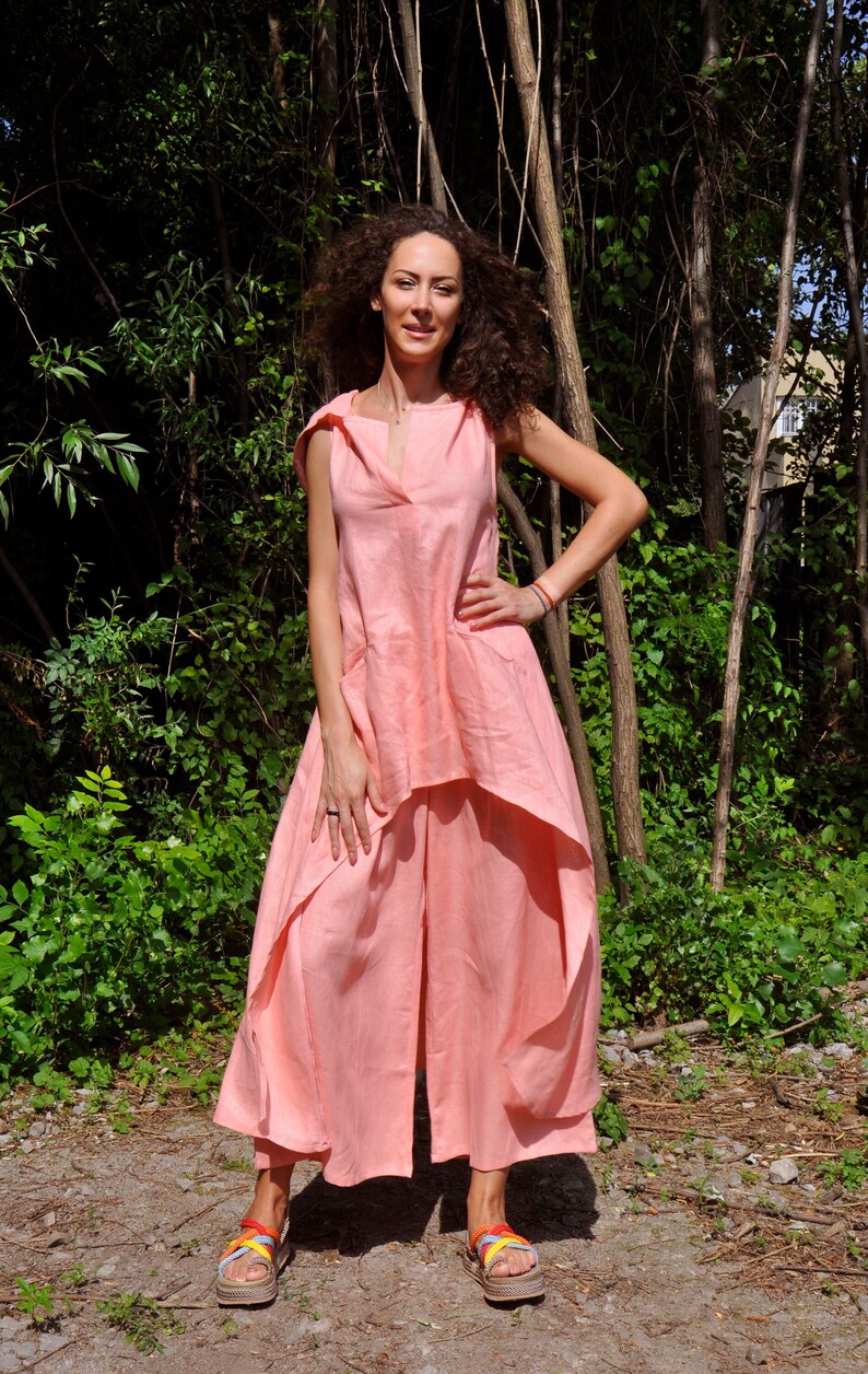 Handmade Blush Pink Linen Pant Set, Hooded Summer Two Piece Outfit ...