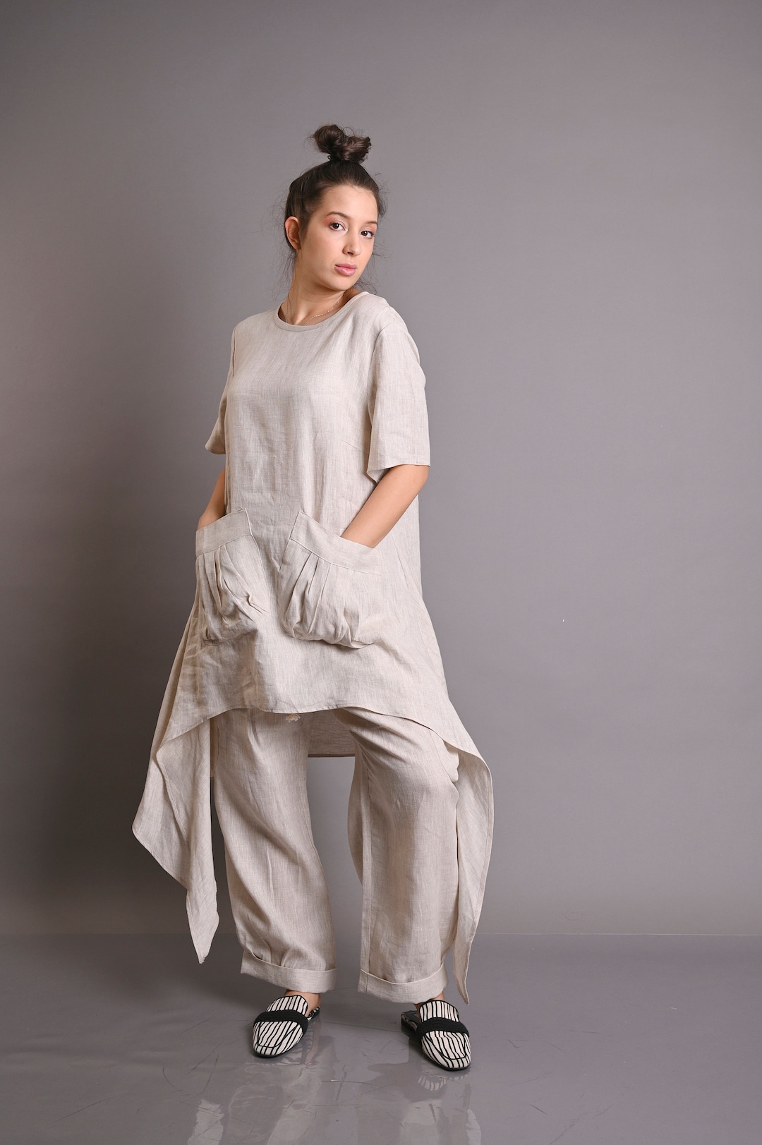 Linen Tunic and Pants Set, Summer Linen Outfit for Women, Bohemian ...