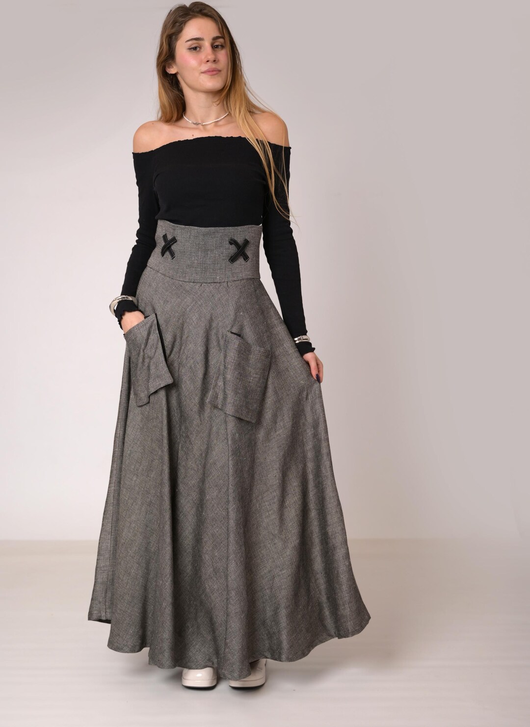 Gray Linen Spring Long Skirt With Front Pockets and Lining, Maxi Linen ...