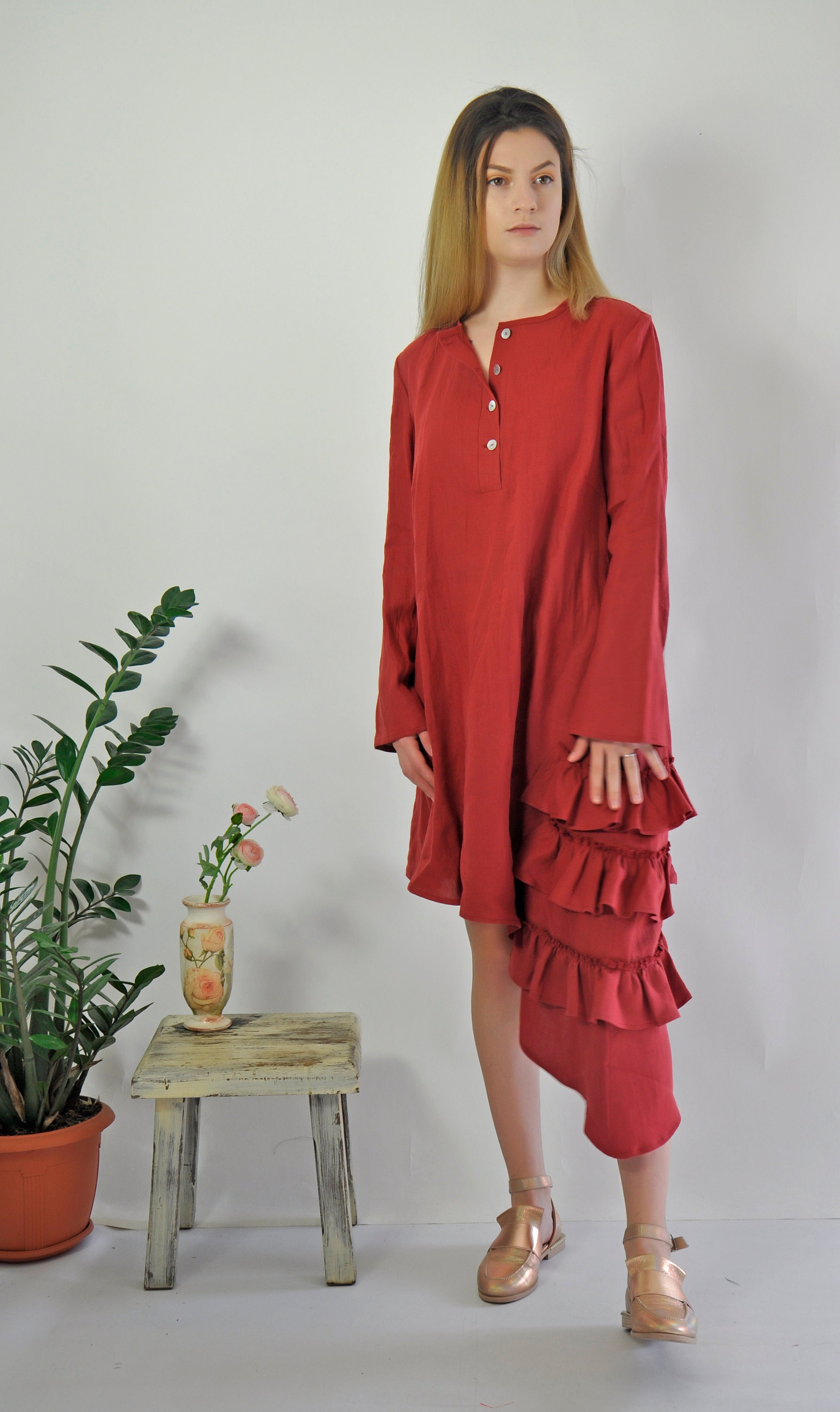 Dark Red Linen Dress For Women Shirt Linen Dress Plus Size | Etsy