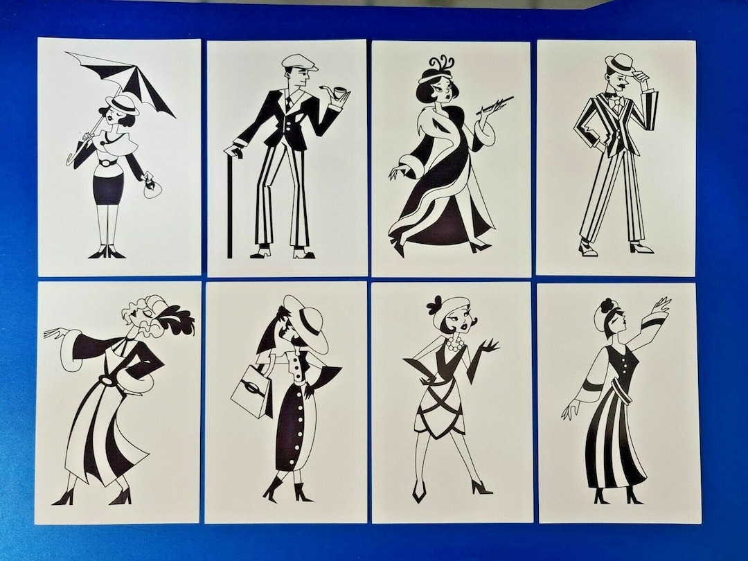 Set of 8 NEW Black & White Postcards 1920s Art Deco Style Characters ...