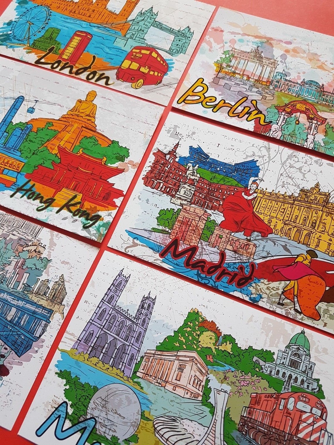 Set of 6 City Landmark Art Postcards London Hong Kong Madrid | Etsy UK