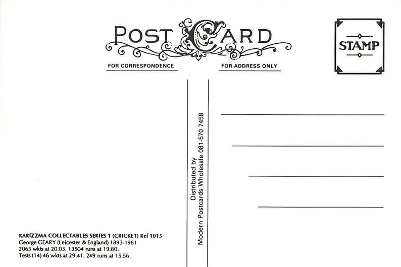 Cricket Cricketer Art Postcard George Geary Leicestershire & - Etsy