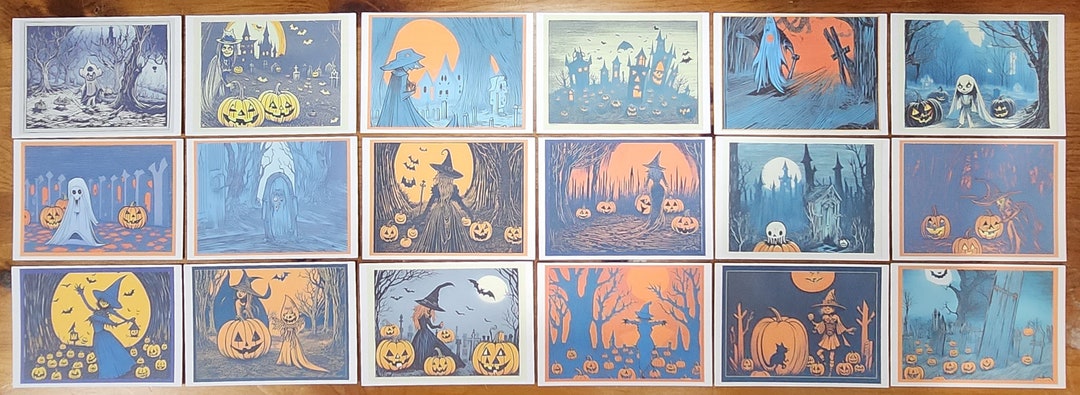 Set of 18 A6 Size Postcards Halloween Illustrations, Witch Pumpkin ...