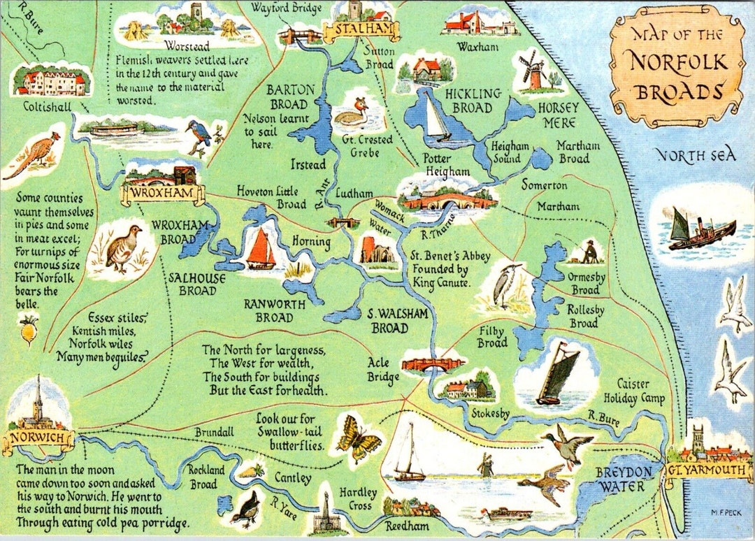 Vintage Norfolk Broads Map Postcard Great Yarmouth Wroxham - Etsy